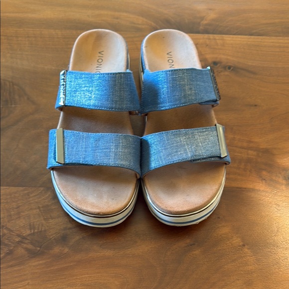 Vionic | Shoes | Vionic Blue Doublestrap Sandals With Cork Footbed ...